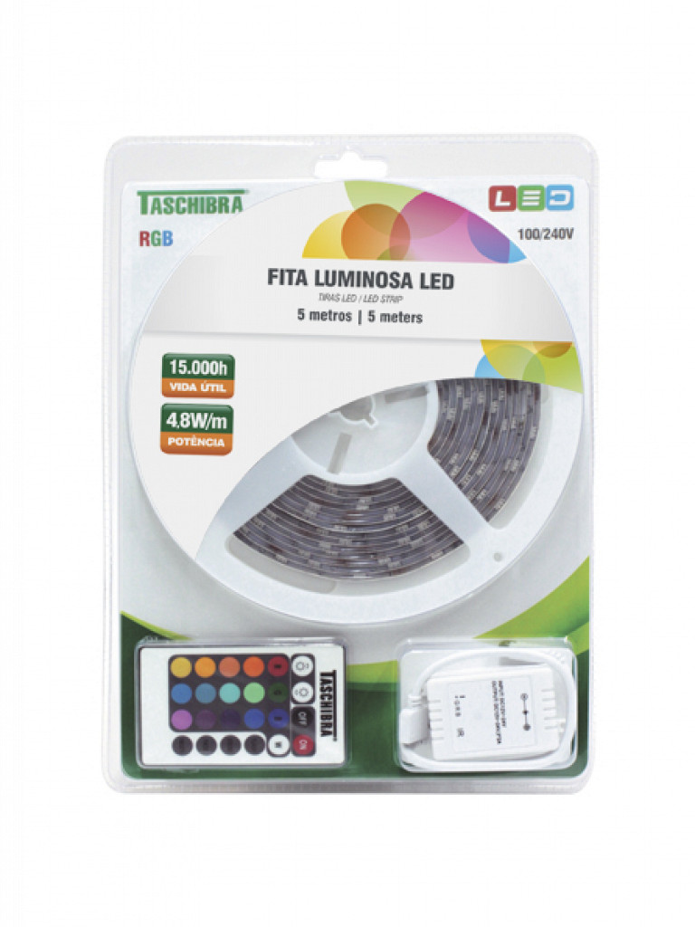 FITA LED TASCHIBRA 4,8W 30 LEDS/M 5M 12V COM FONTE AUTOVOLT - Taschibra